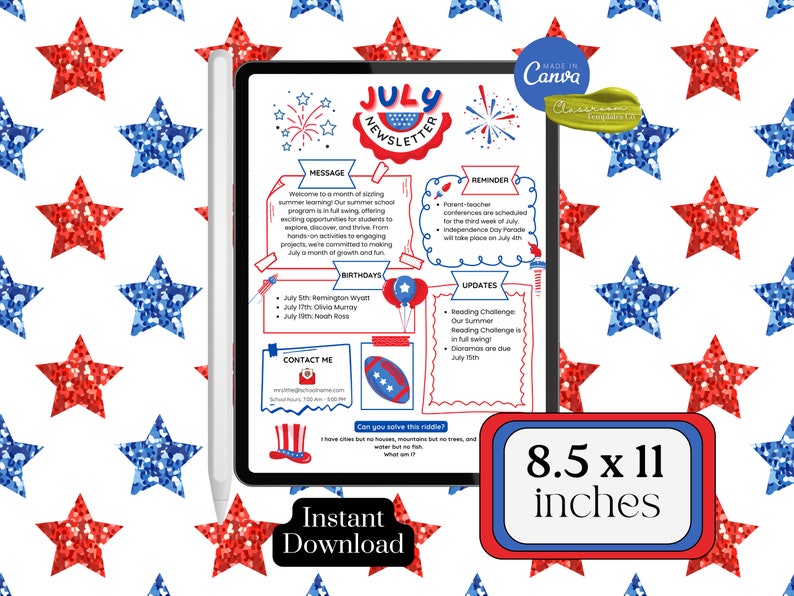 July Newsletter Template, Editable Newsletter, Monthly Newsletter ...