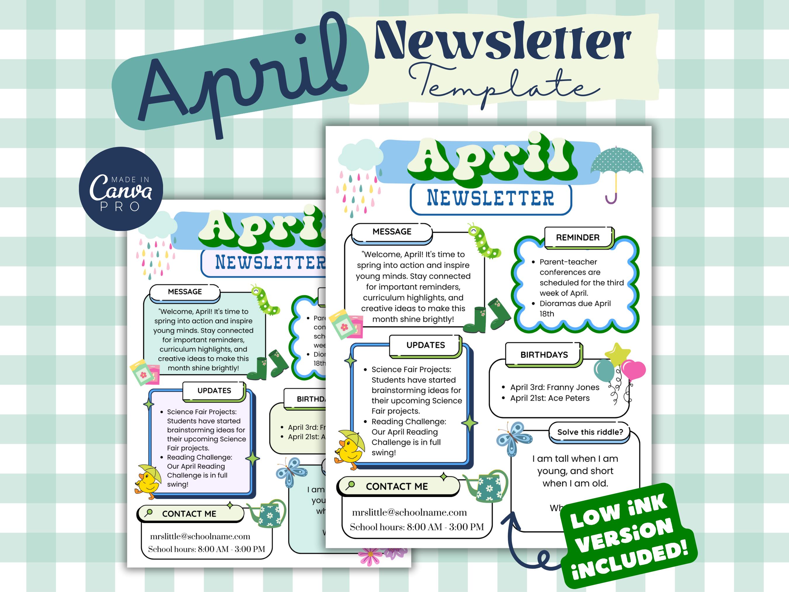 April Newsletter Template, Editable Newsletter, Monthly Newsletter ...