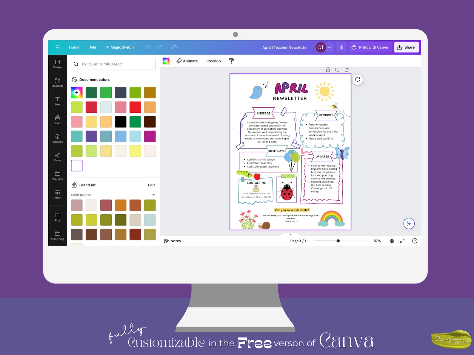Teacher Newsletter for April Editable Newsletter Monthly Newsletter ...