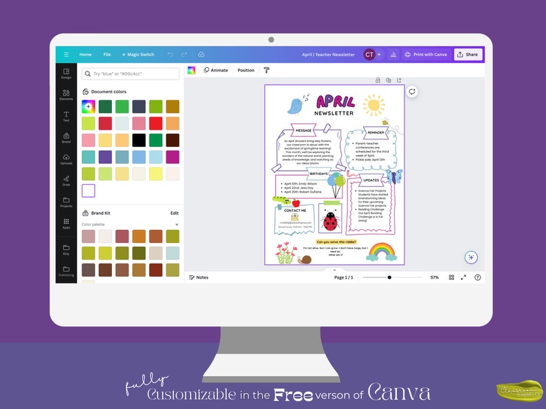 Teacher Newsletter for April Editable Newsletter Monthly Newsletter ...