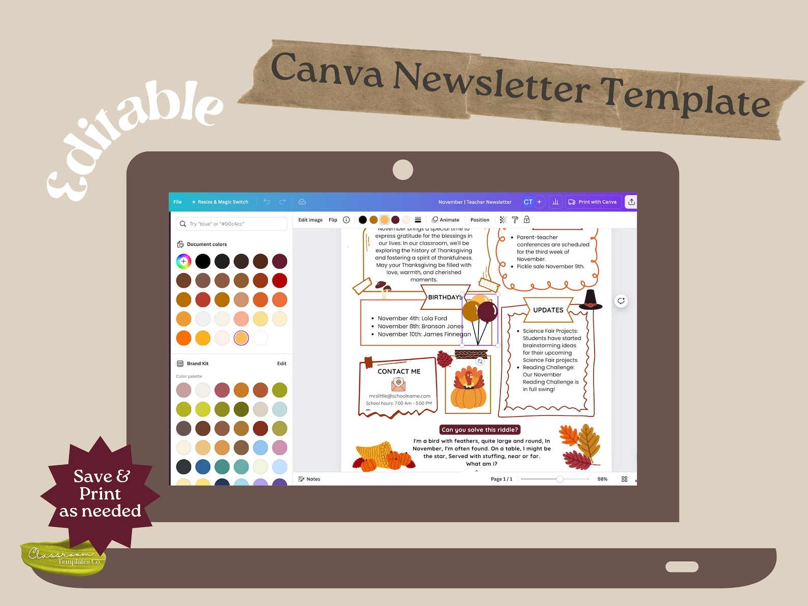 Thanksgiving Newsletter, November Newsletter Template, Fall Newsletter ...