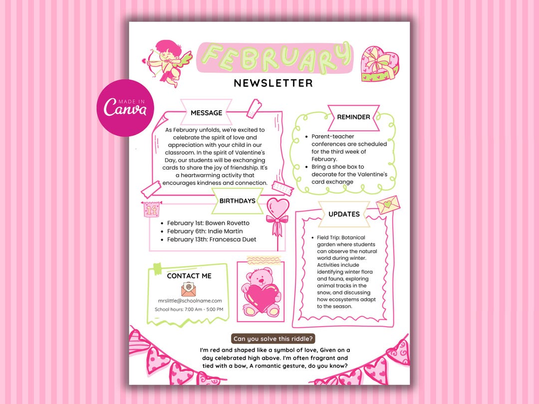 February Newsletter Template, Valentines Day Newsletter, Preschool ...