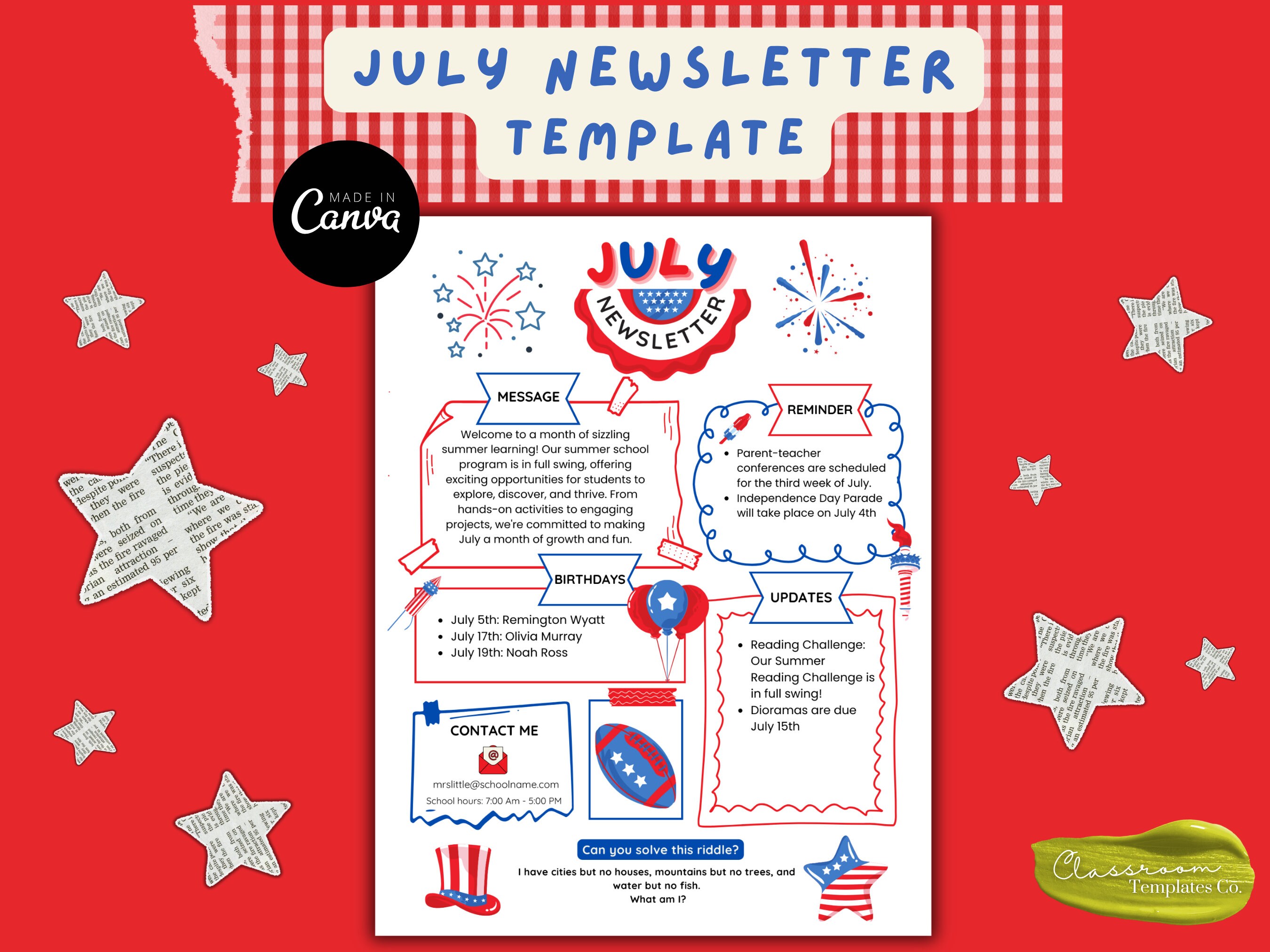 July Newsletter Template, Editable Newsletter, Monthly Newsletter ...