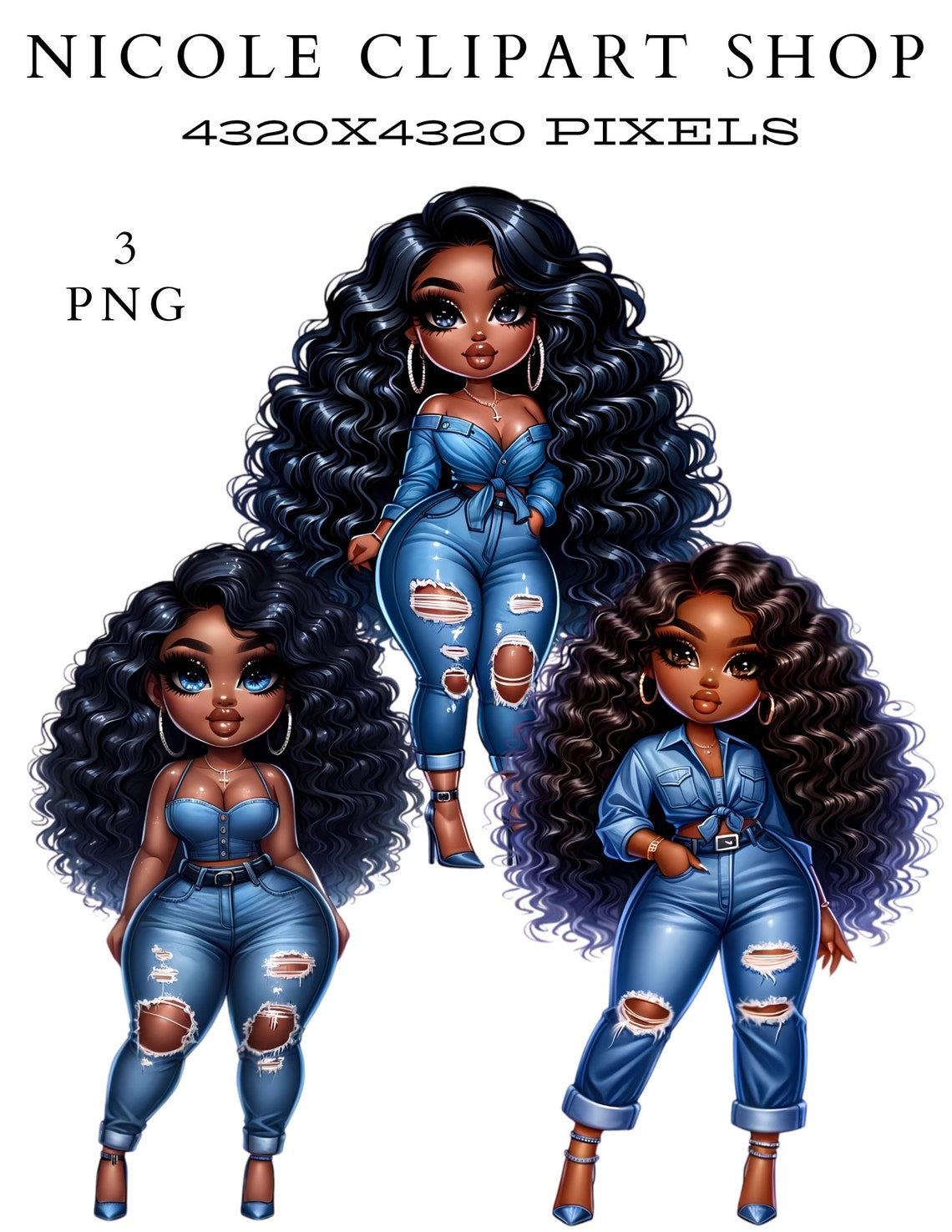 3 African American Chibi in Denim PNG Commercial Use Clipart - Etsy Canada