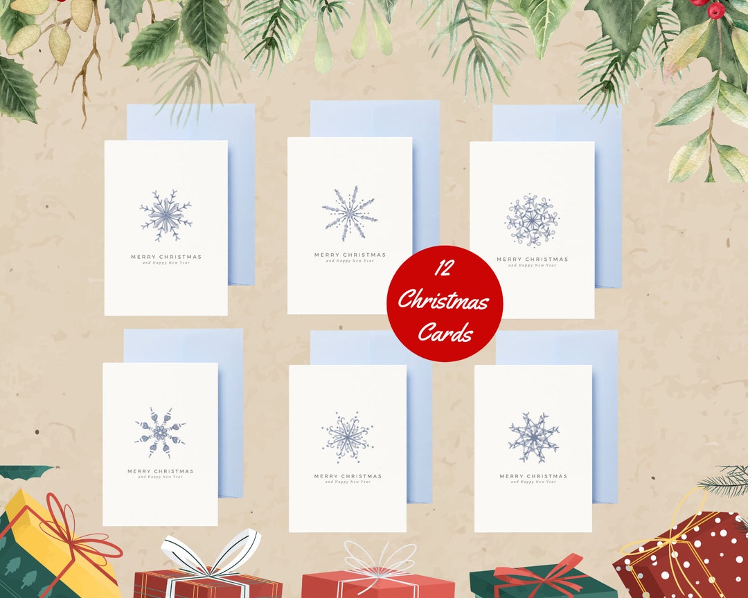 12 Snowflake Christmas Cards Digital Printable Holiday Cards Bundle L ...