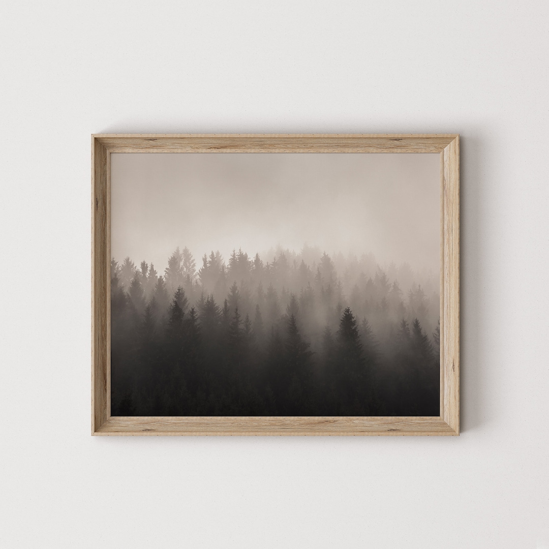 Neutral Rustic Forest, Nature Printable, Misty Fog Over Evergreen Trees ...