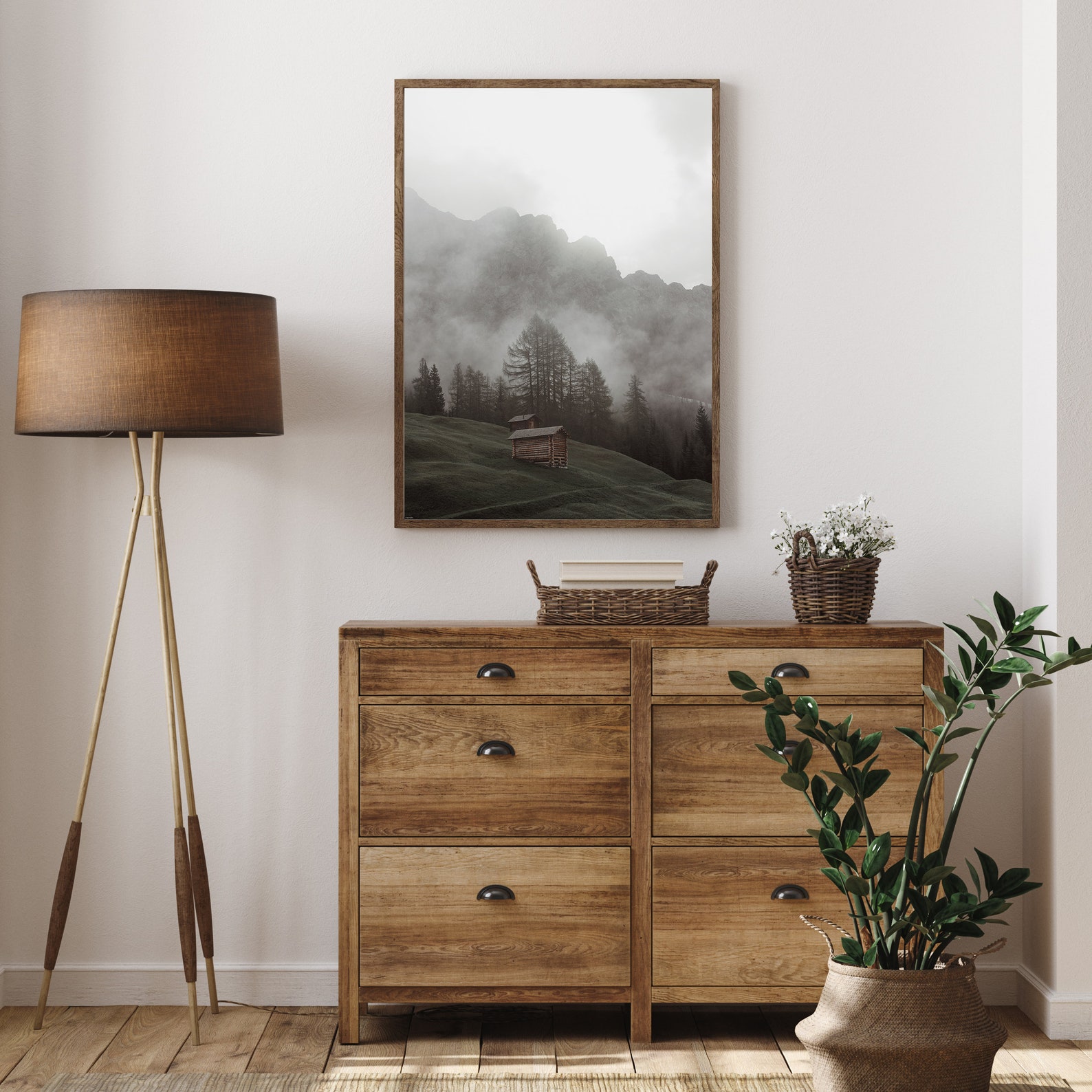 Mountainside Cabin Poster, Log Cabin Wall Art, Misty Mountain Scenery ...