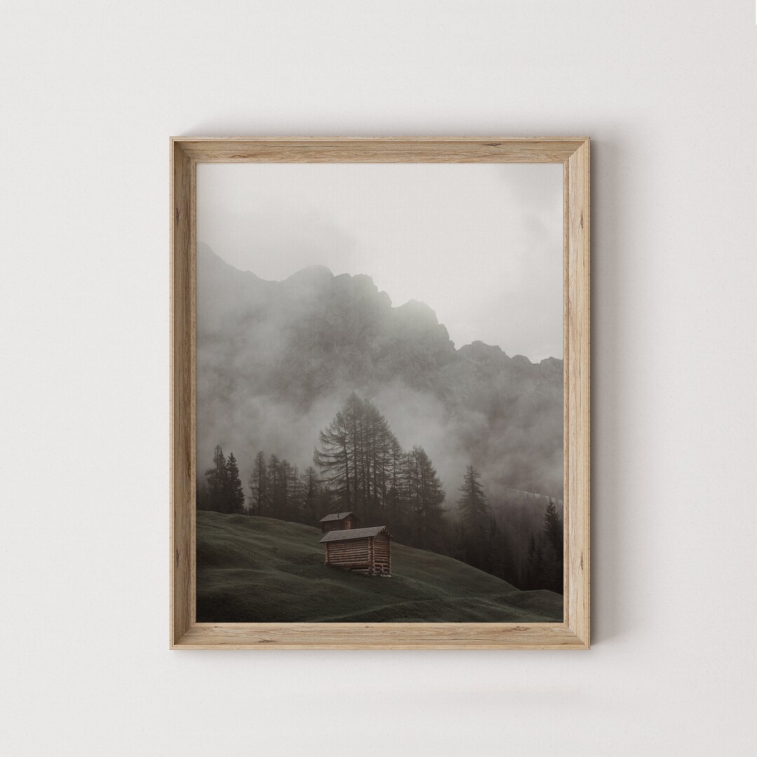 Mountainside Cabin Poster, Log Cabin Wall Art, Misty Mountain Scenery ...
