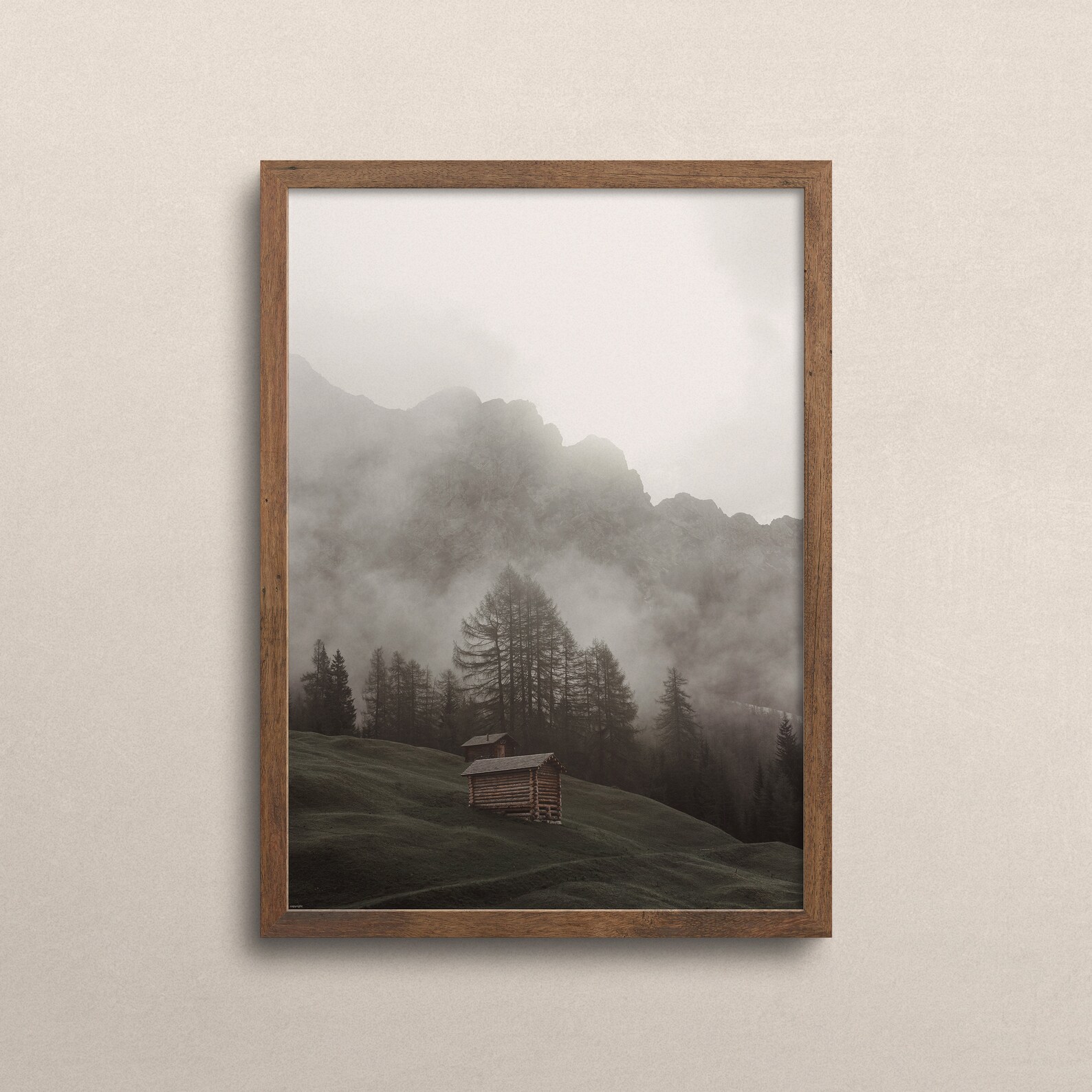 Mountainside Cabin Poster, Log Cabin Wall Art, Misty Mountain Scenery ...