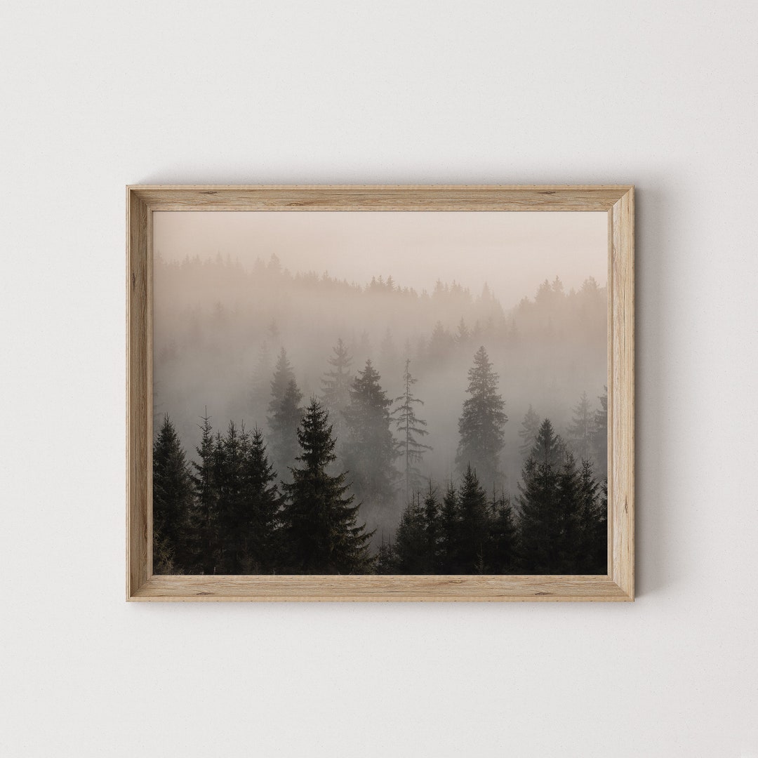 Misty Forest Wall Art, Evergreen Trees, Nature Photography, Pastel Sky ...