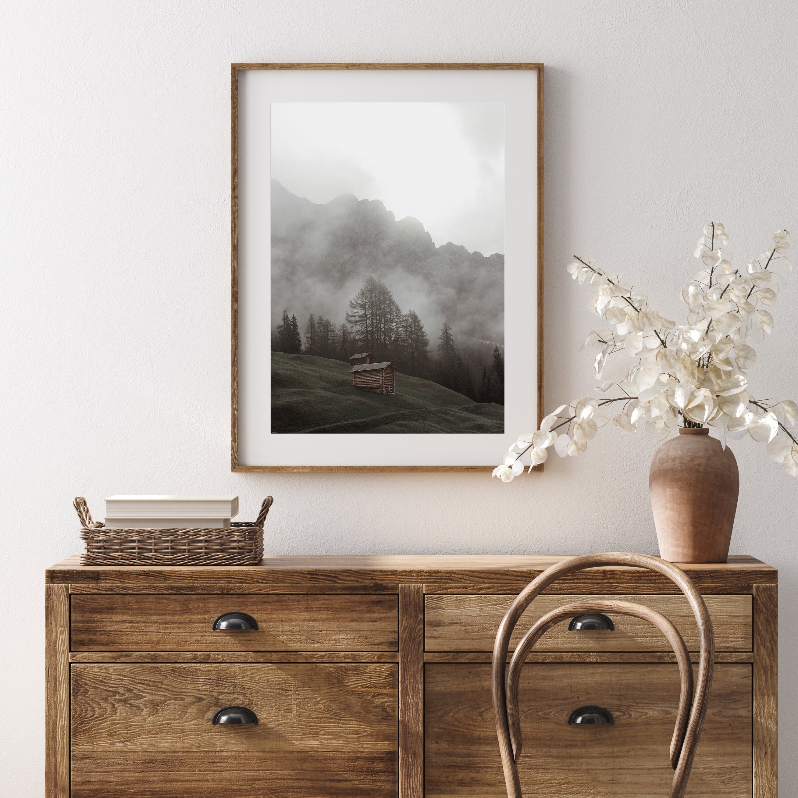 Mountainside Cabin Poster, Log Cabin Wall Art, Misty Mountain Scenery ...