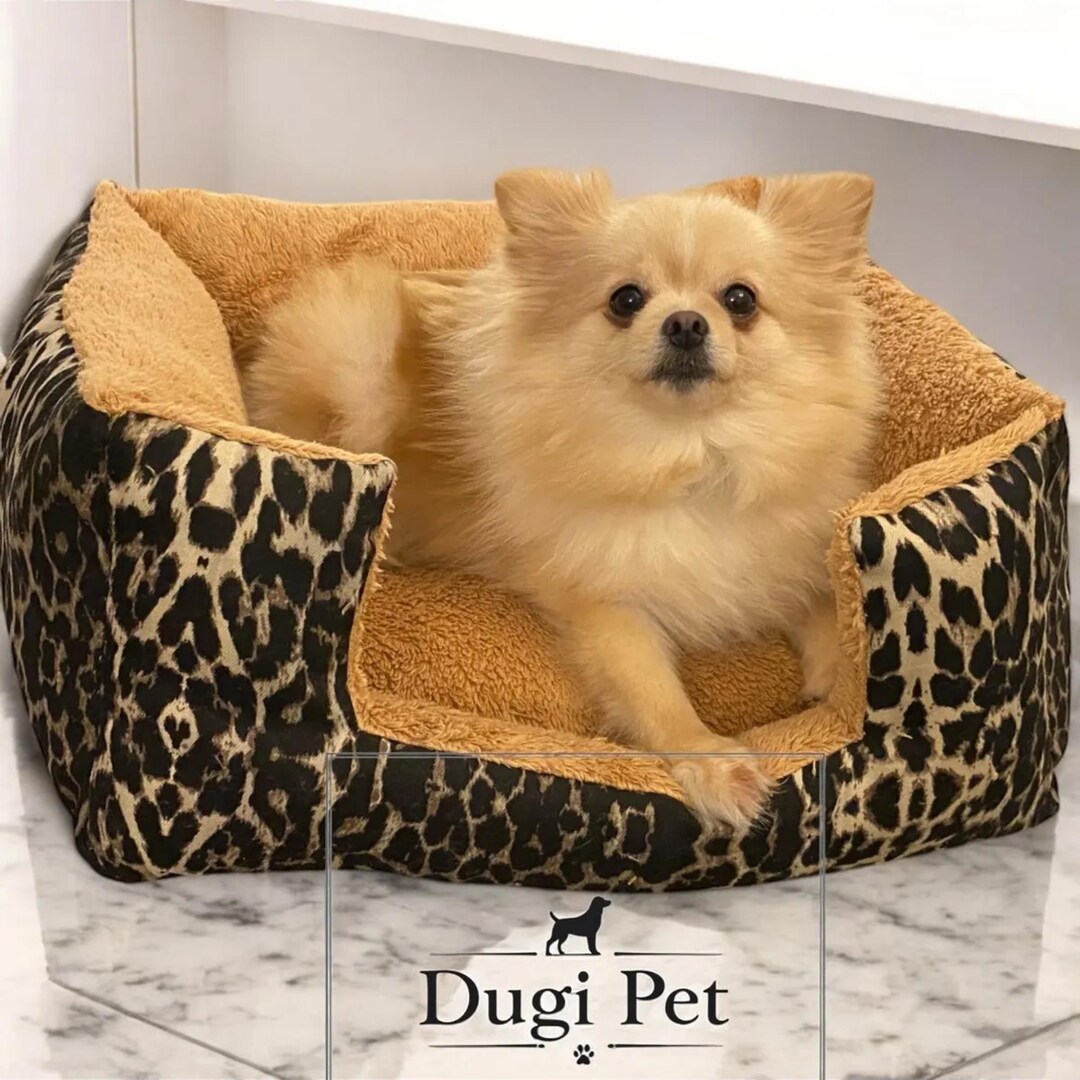 Luxury Leopard Print Pet Bed 50x45x25cm, Plush Dog Sofa With Non-slip ...