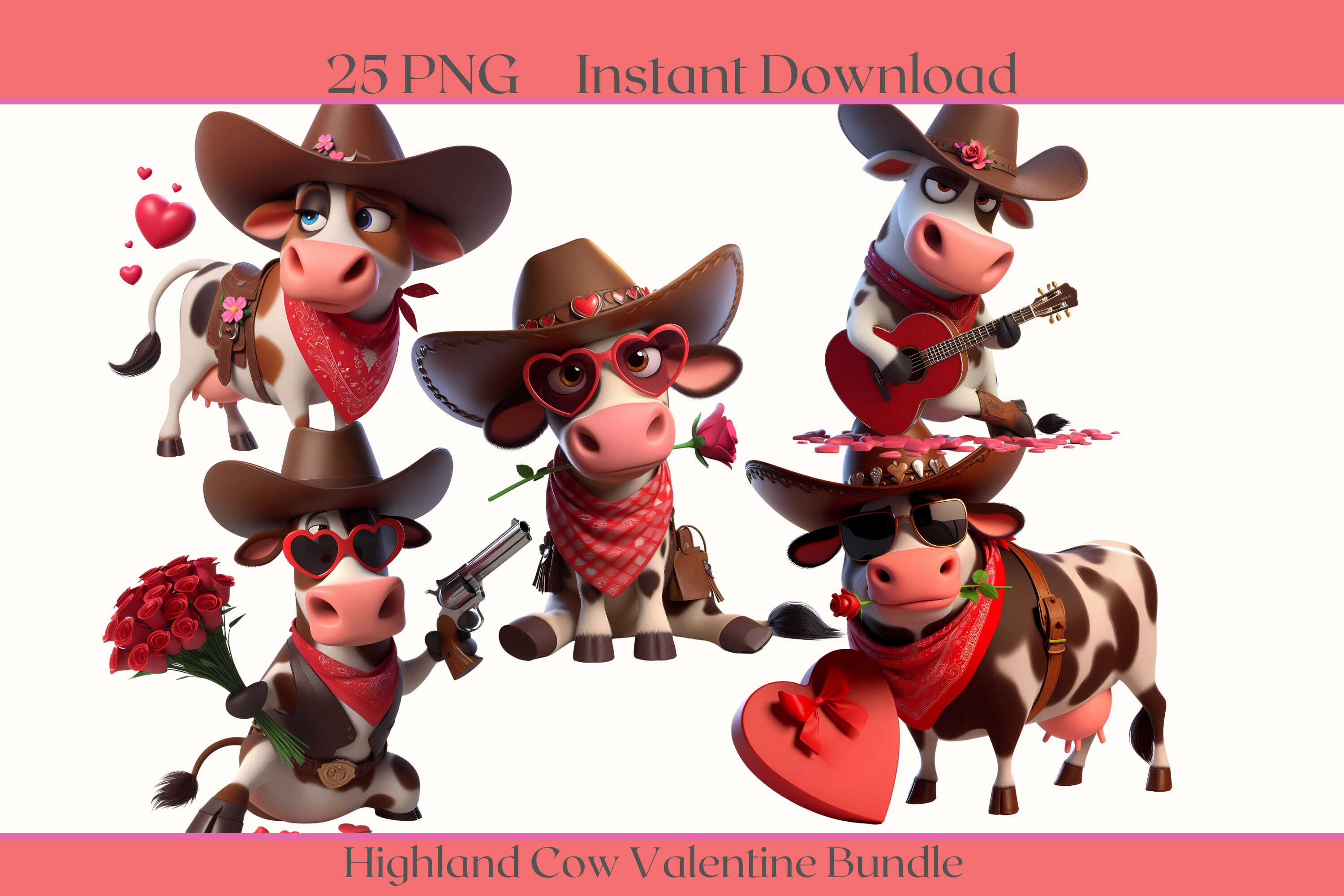 Highland Cow Valentine's Day PNG Bundle, Cute Cow Clipart, Romantic ...