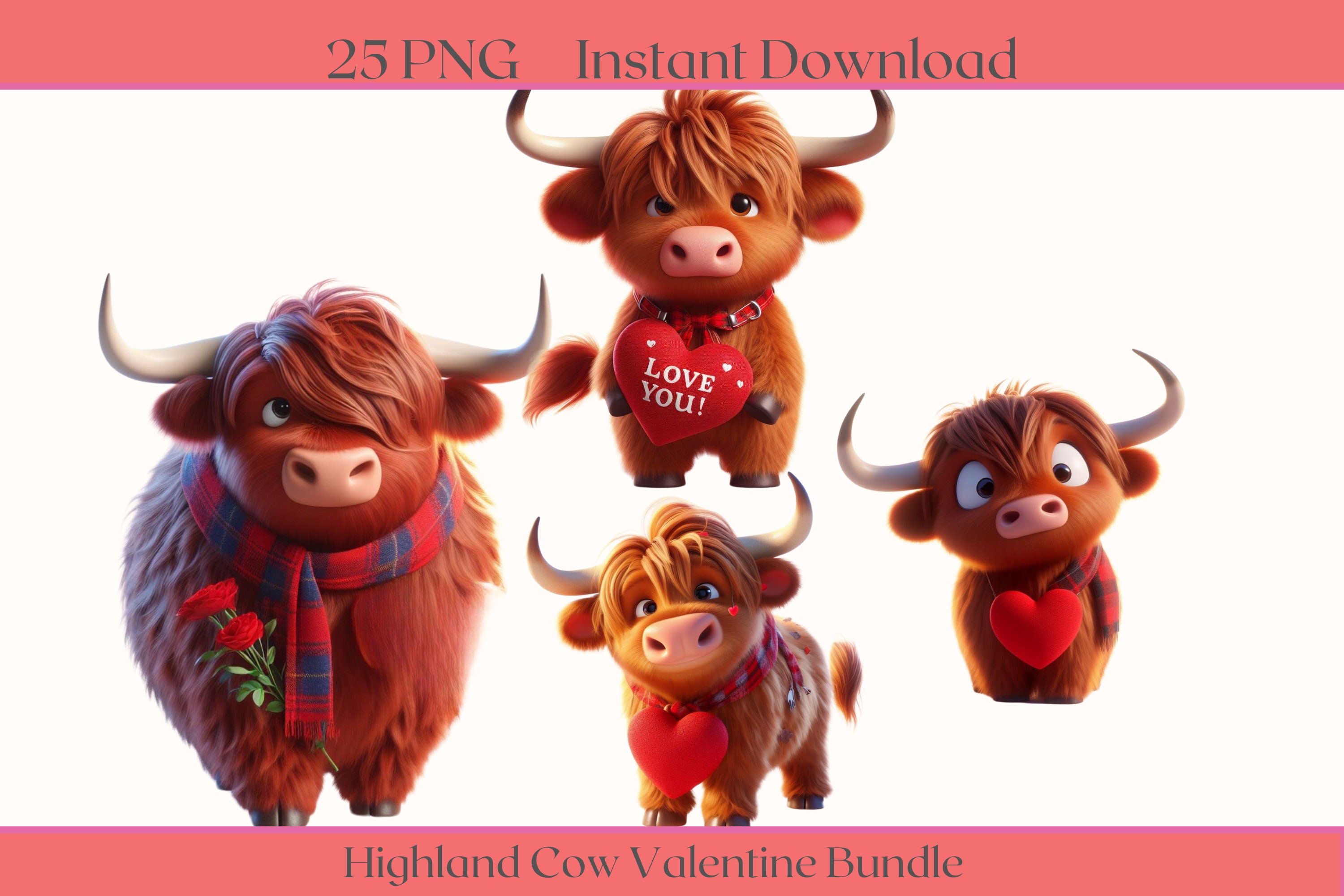 Highland Cow Valentine's Day PNG Bundle, Cute Cow Clipart, Romantic ...