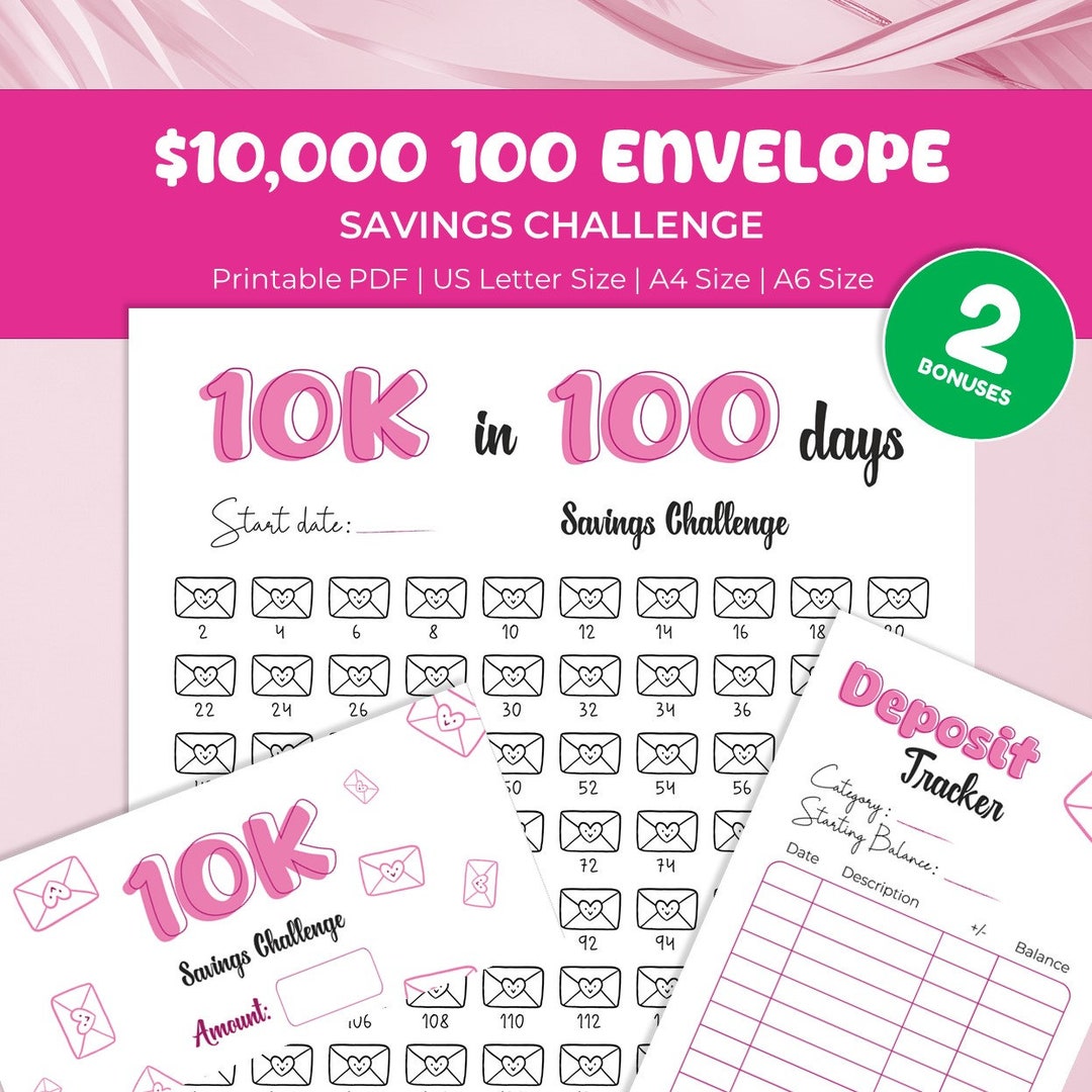 10K 100 Envelopes Money Saving Challenge Tracker Printable. Savings Chart for 10000 Cash Tracker ...