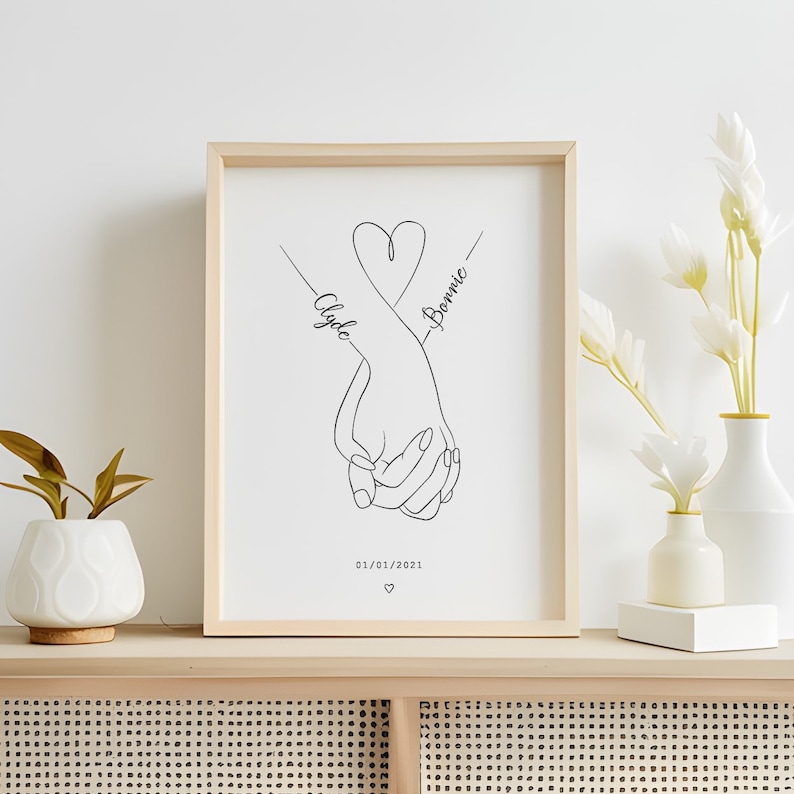Custom Holding Hands Line Art Print: Personalized Names & Date (digital ...