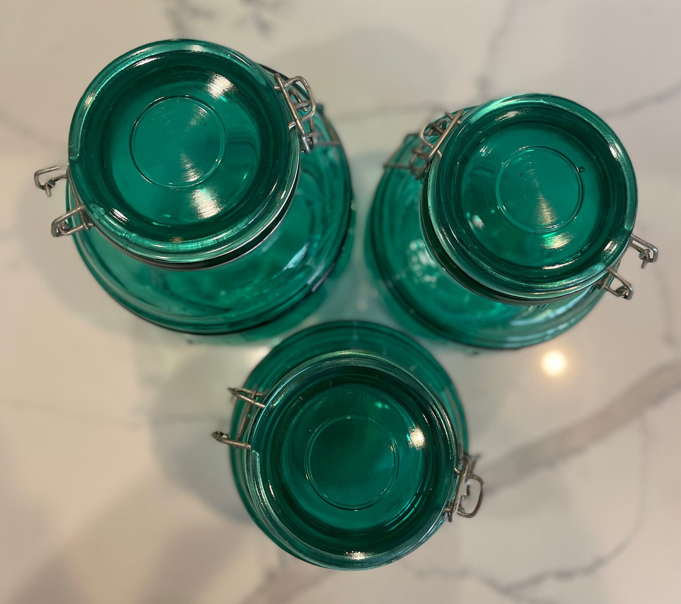Set of 3 Cracker Barrel Green Glass Jars, 3 Quarts, 2 Quarts, 1.5 ...