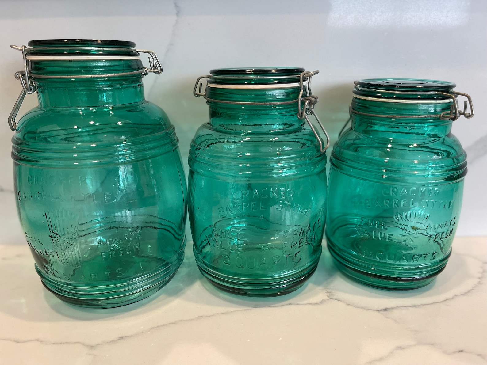 Set of 3 Cracker Barrel Green Glass Jars, 3 Quarts, 2 Quarts, 1.5 ...