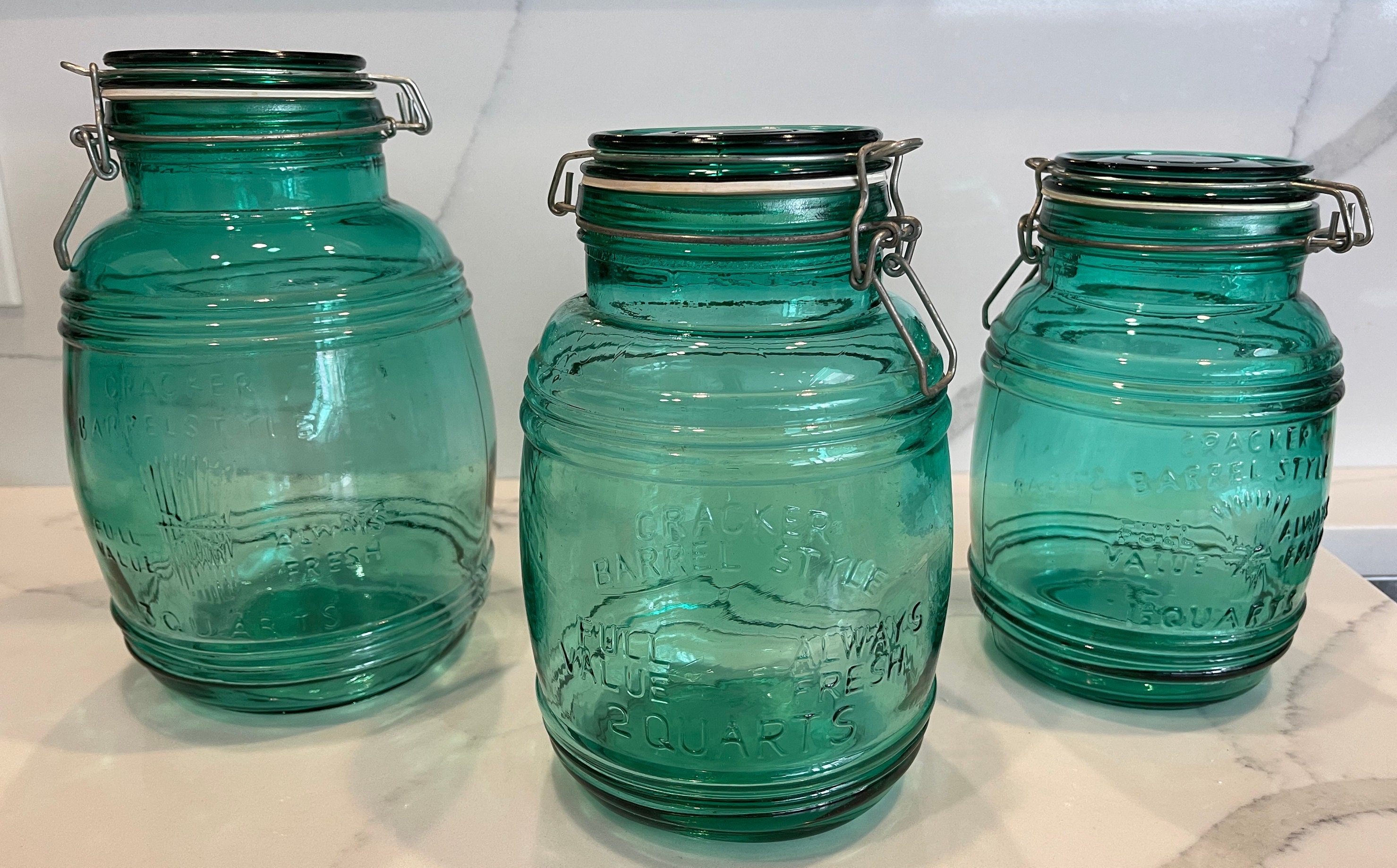 Set of 3 Cracker Barrel Green Glass Jars, 3 Quarts, 2 Quarts, 1.5 ...