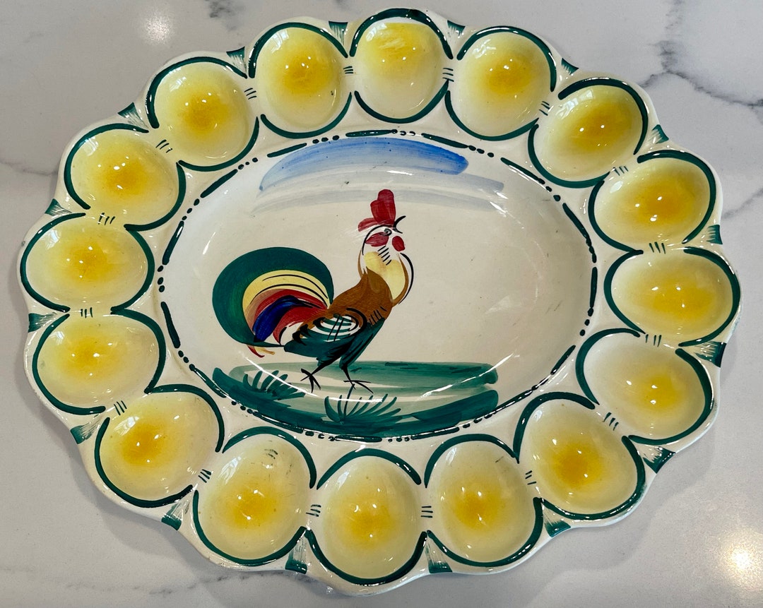 Italian Hand Painted Ceramic Egg Plate, Rooster Design, Late 20th ...