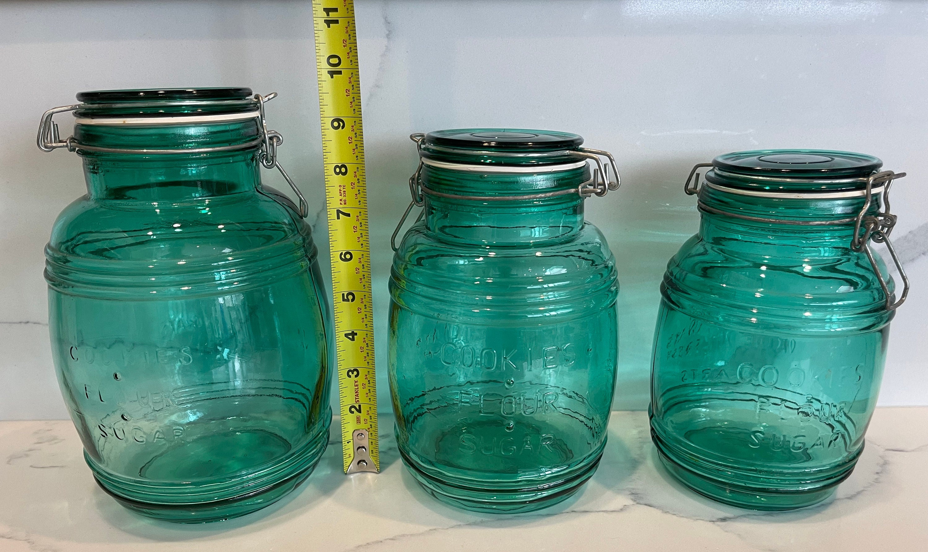 Set of 3 Cracker Barrel Green Glass Jars, 3 Quarts, 2 Quarts, 1.5 ...