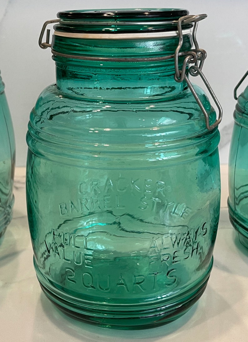 Set of 3 Cracker Barrel Green Glass Jars, 3 Quarts, 2 Quarts, 1.5 ...