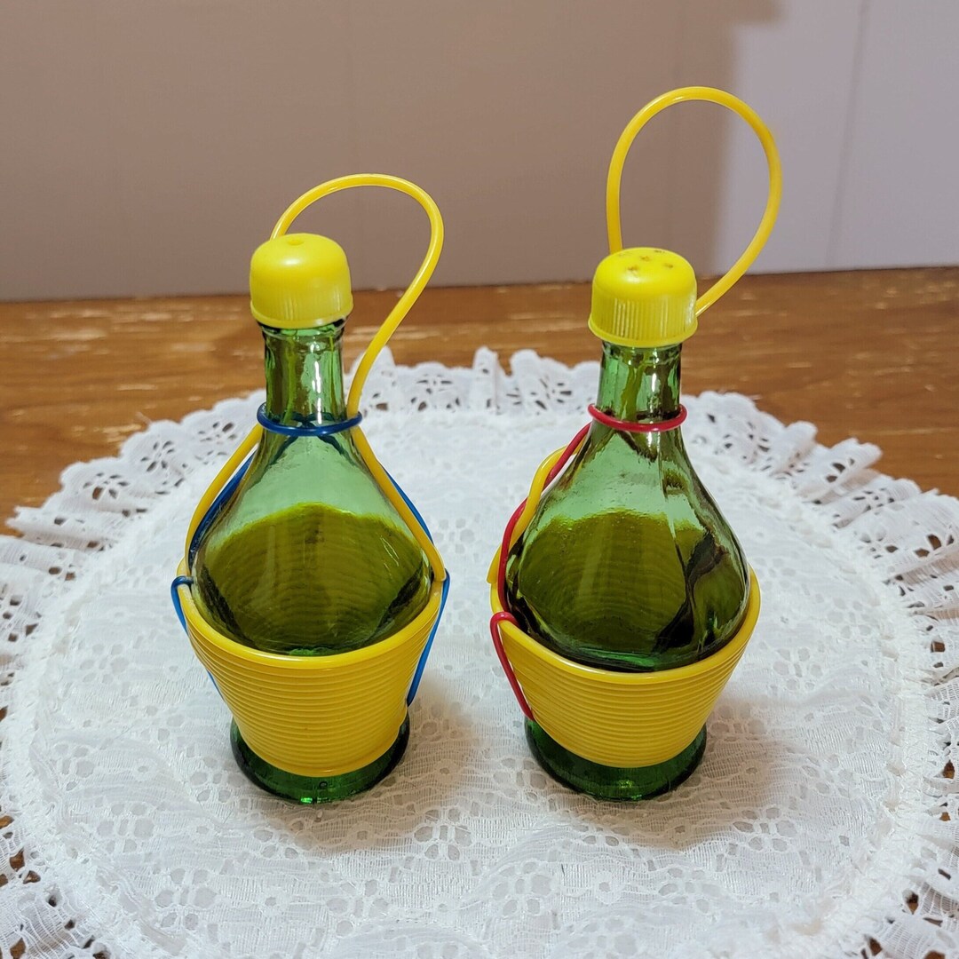 Vintage Green Glass Wine Bottle Salt and Pepper Shaker Set Italian ...