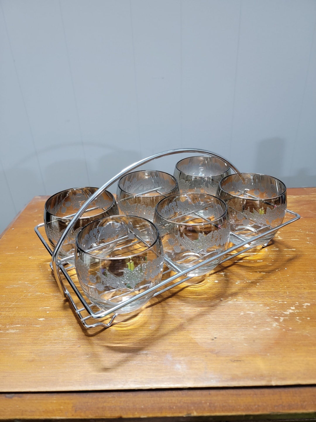 Vintage 1960's Platinum Ombre MCM Rolly Poly Bar Glasses With Caddy ...