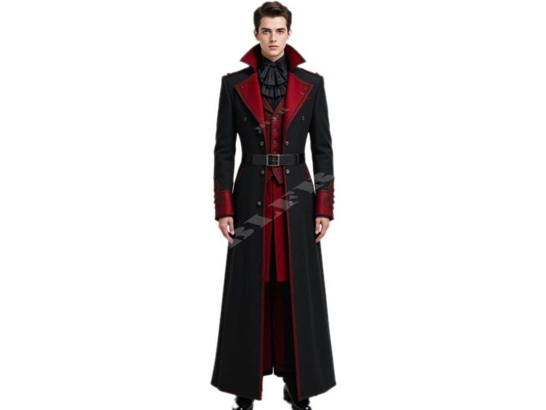 Men Gothic Vampire Leather Coat Black Red Victorian Steampunk Long ...