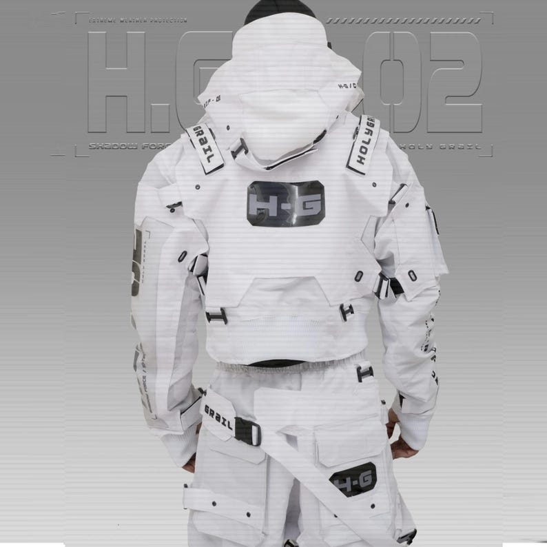 White Cyberpunk Techwear Jacket: Waterproof Tactical Hoodie, Futuristic ...