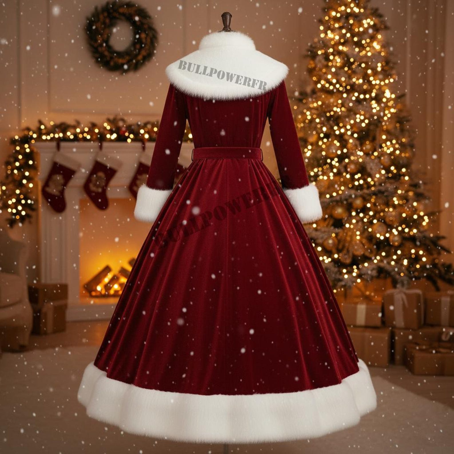 Women’s Velvet Dress – Christmas Gown Santa – Holiday Fur Trim Costume ...