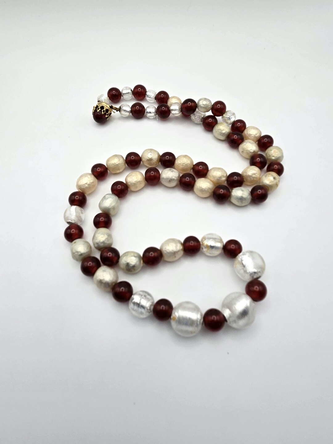 Vintage Cranberry, Foil, and Painted Glass Beaded Necklace - Etsy