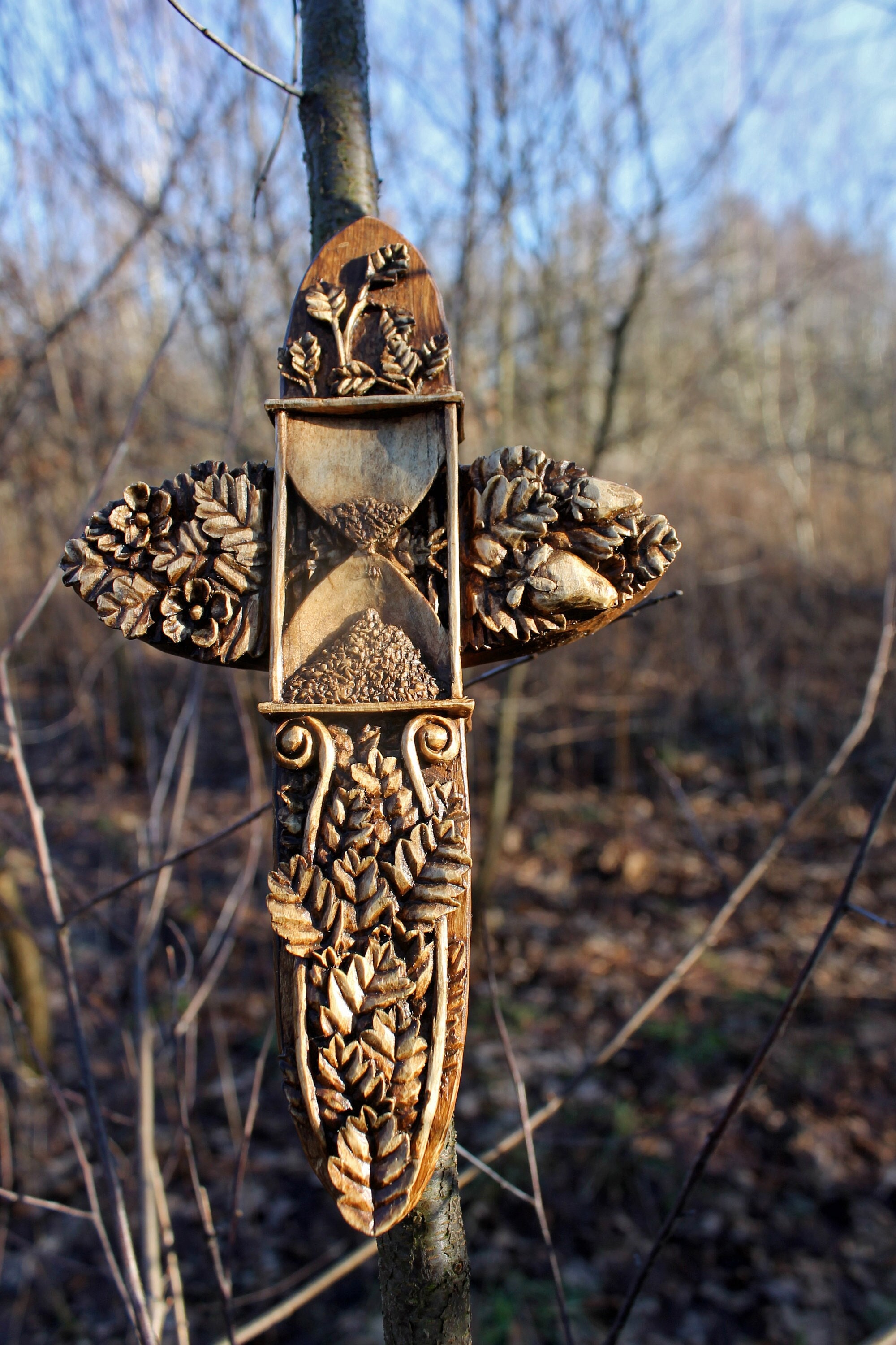 Wood Carved Hourglass and Wild Strawberry Christian Catholic Cross - Etsy