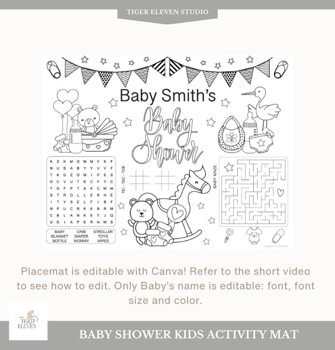 Personalized Baby Shower Coloring Activity Placemat | Editable Baby ...