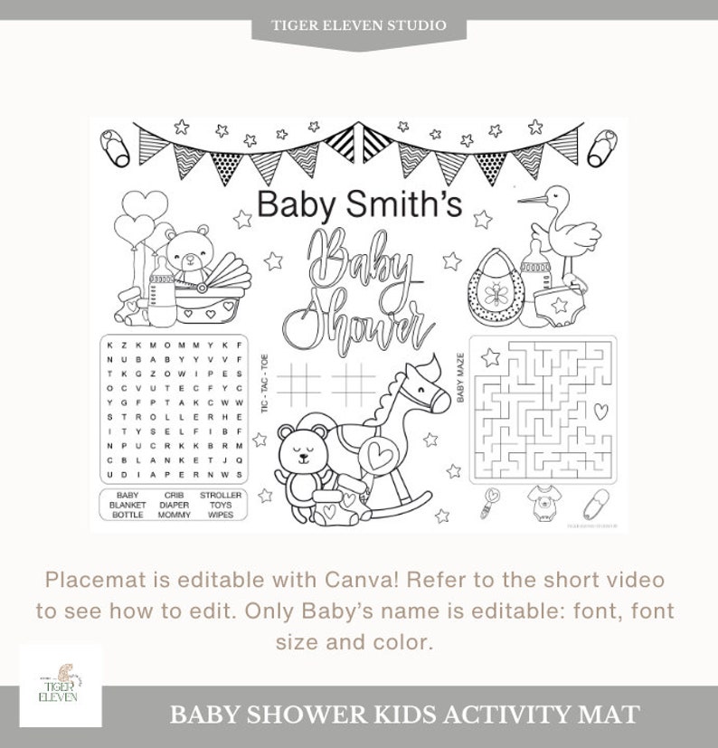 Personalized Baby Shower Coloring Activity Placemat | Editable Baby ...