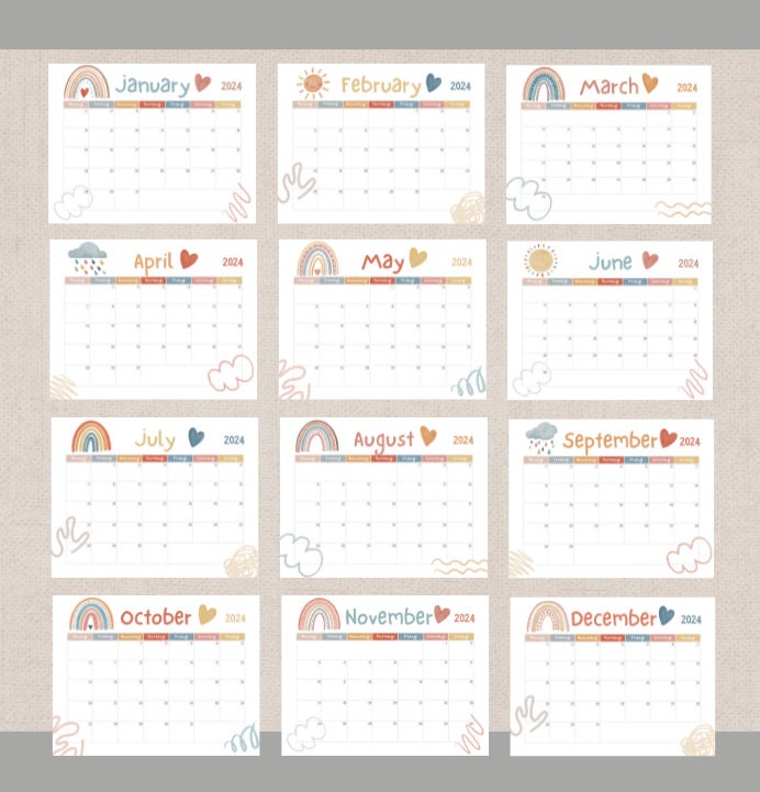 Printable 2024 Calendar, Kids Calendar, Boho, Desk Calendar, Digital ...