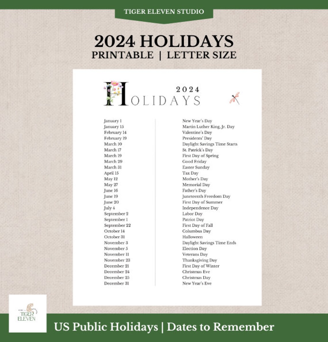 Printable 2024 Important Dates, List of Holidays, US Public Holidays ...