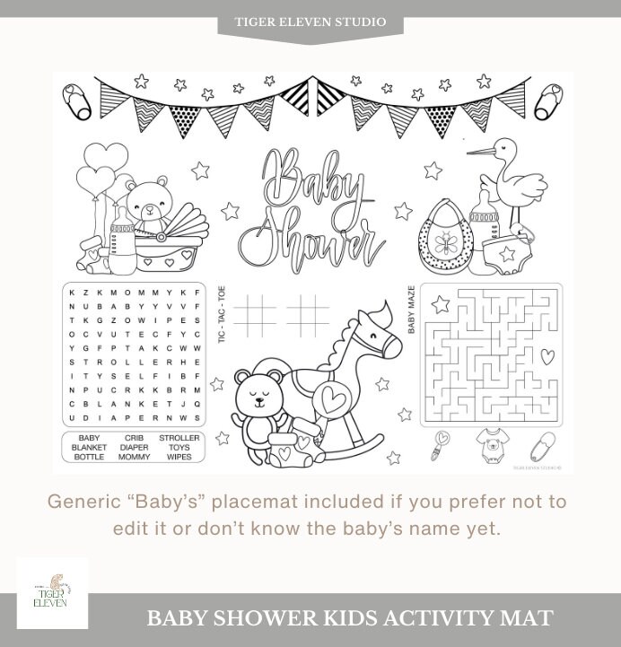 Personalized Baby Shower Coloring Activity Placemat | Editable Baby ...
