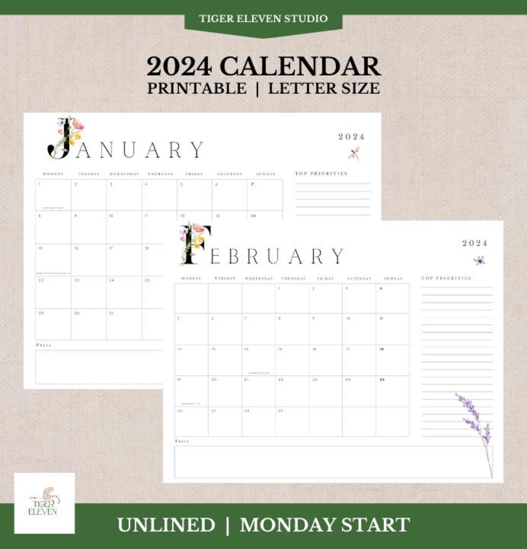 Printable 2024 Calendar, To-do List Notes Section, US Holidays, Desk ...