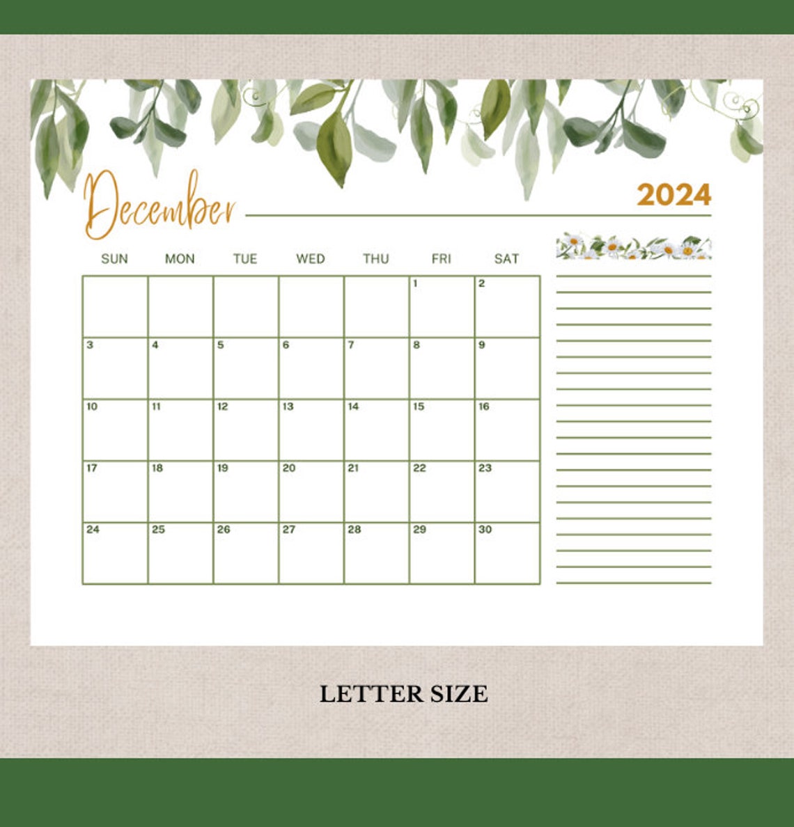 Printable 2024 Calendar, Notes Section, US Holidays, Desk Calendar ...