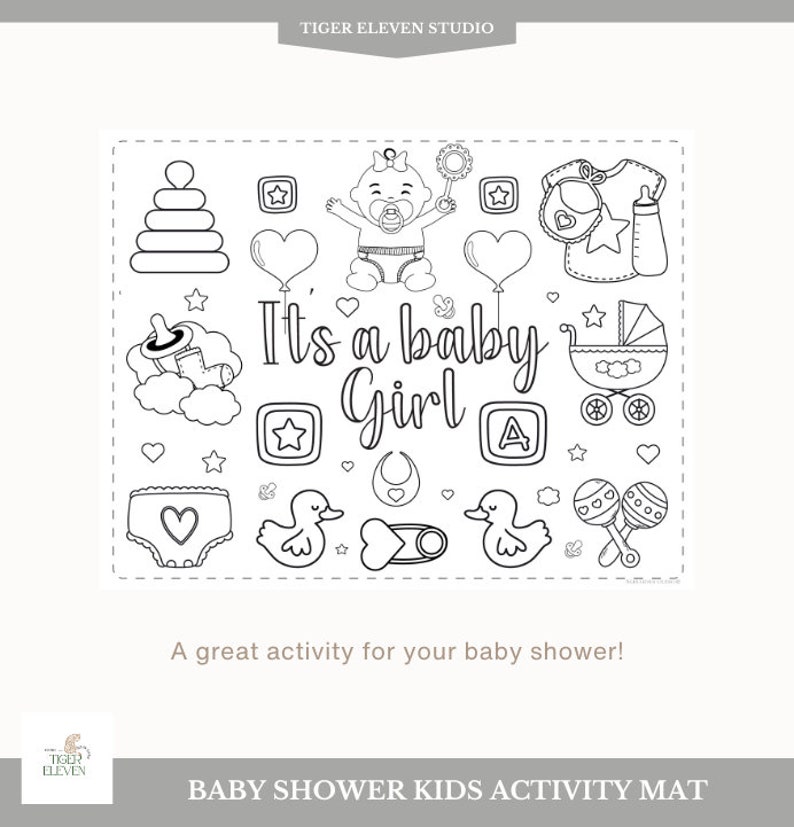 Baby Shower Coloring Activity Placemat It's a Girl | Baby Shower Games ...