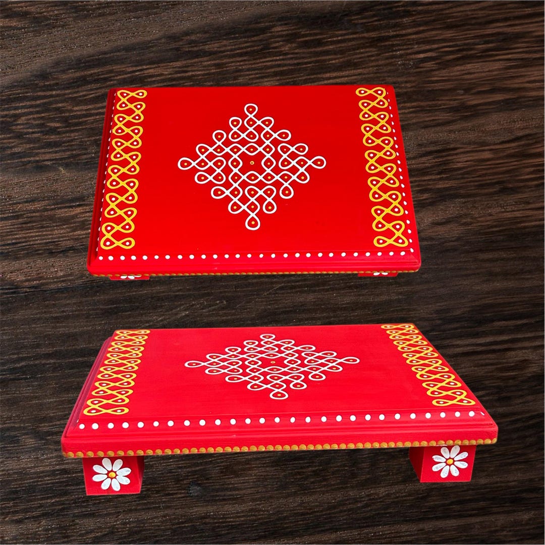 Hand-painted Kolam Design Wooden Puja Stool - Diya Stand/pooja Chowki ...