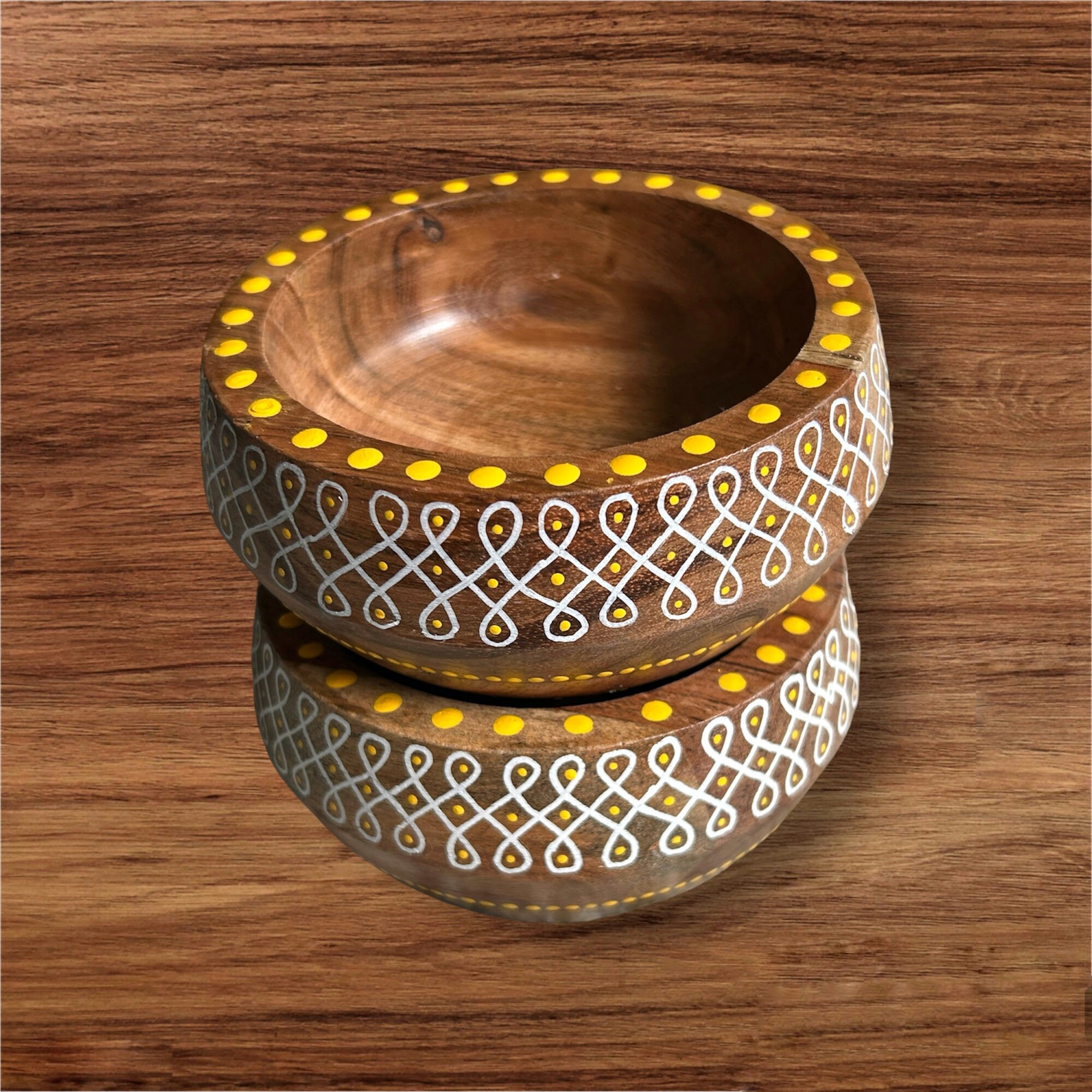 Set of 2 Kolam Art Wooden Bowl, Hand Painted Wooden Bowls, Handmade ...