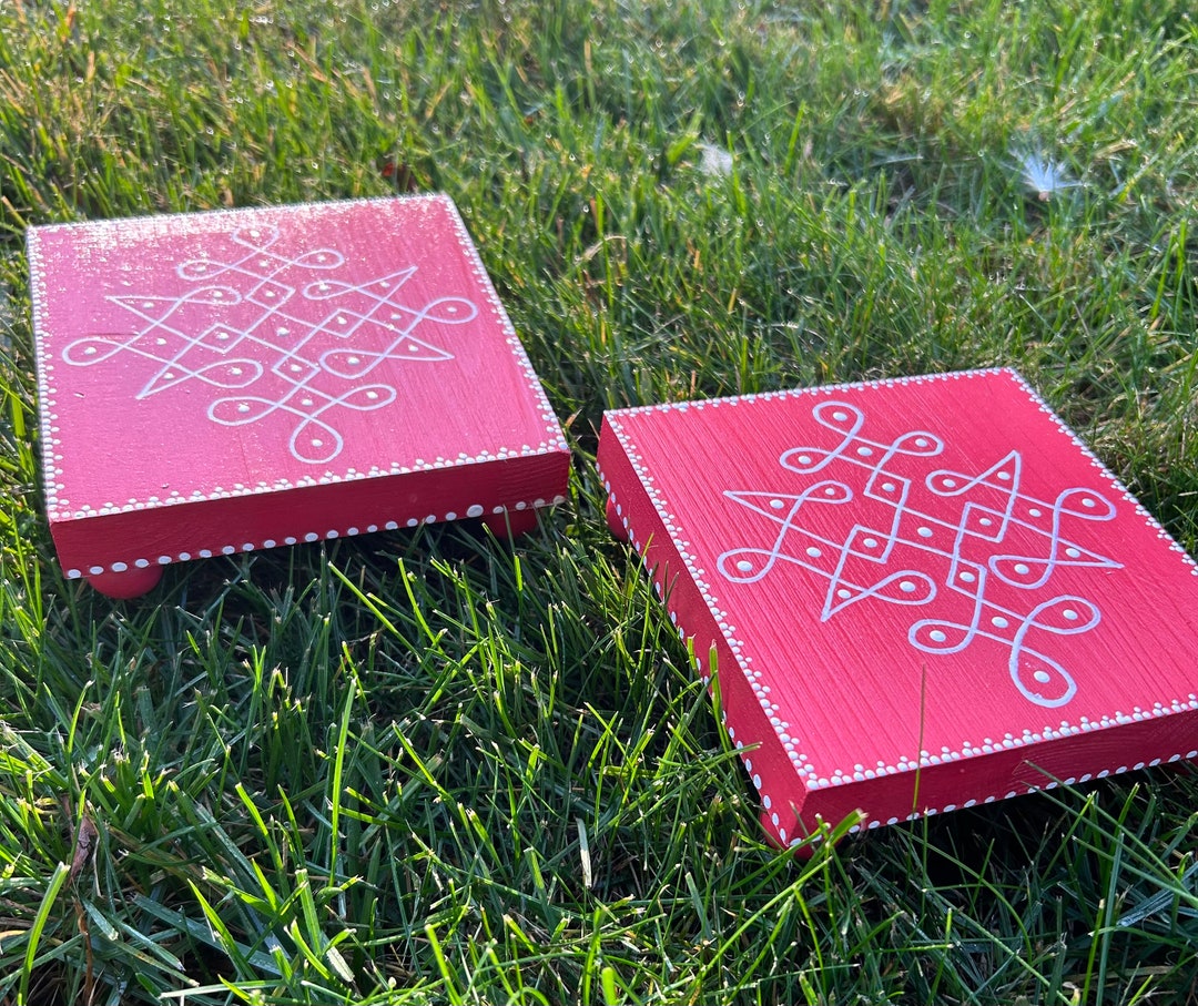 Kolam Art Hand Painted Manai/chowki/wood Riser Set of 2 - Etsy