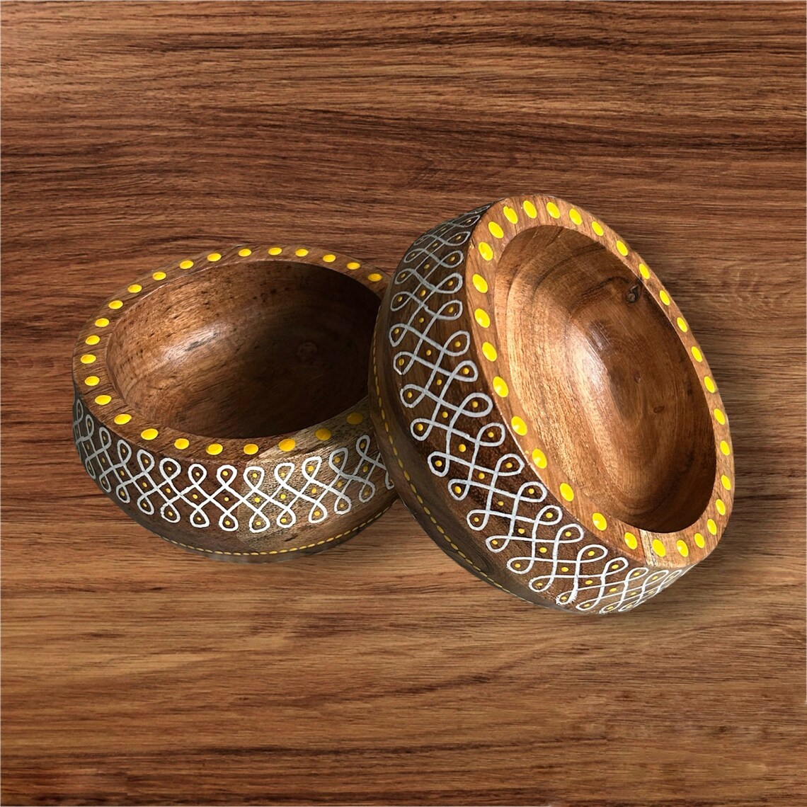 Set of 2 Kolam Art Wooden Bowl, Hand Painted Wooden Bowls, Handmade ...