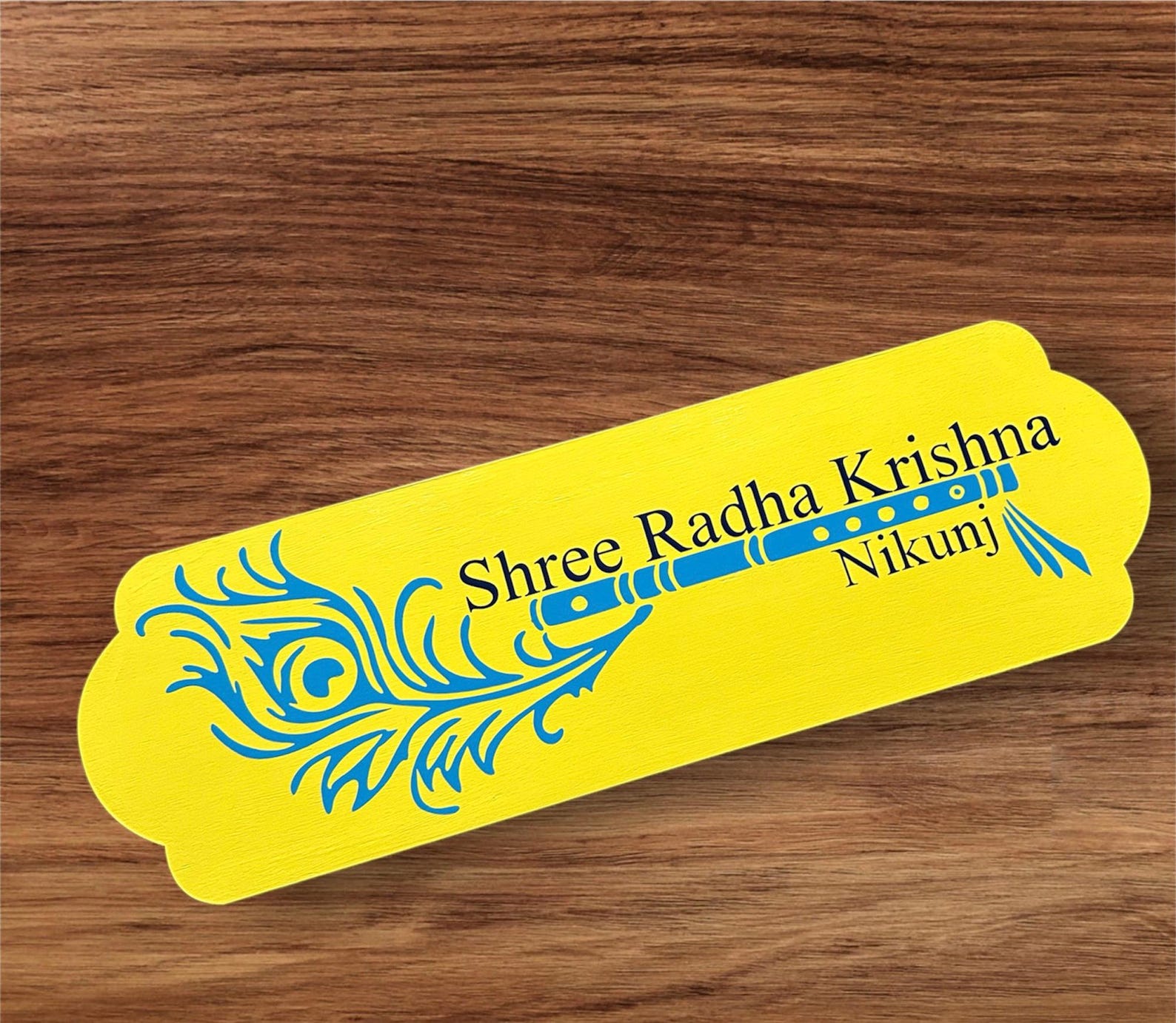 Personalized Indian Wooden Name Plate: Krishna Flute, Peacock Feather ...