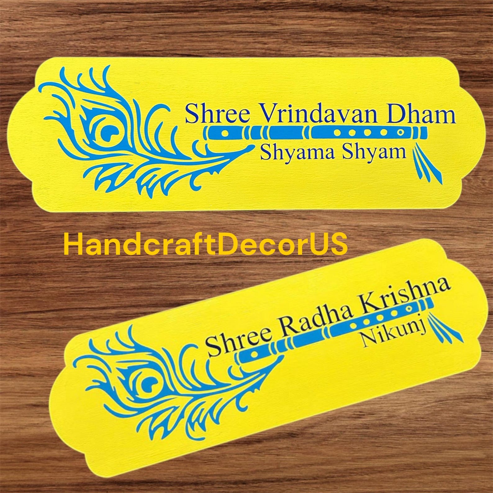Personalized Indian Wooden Name Plate: Krishna Flute, Peacock Feather ...