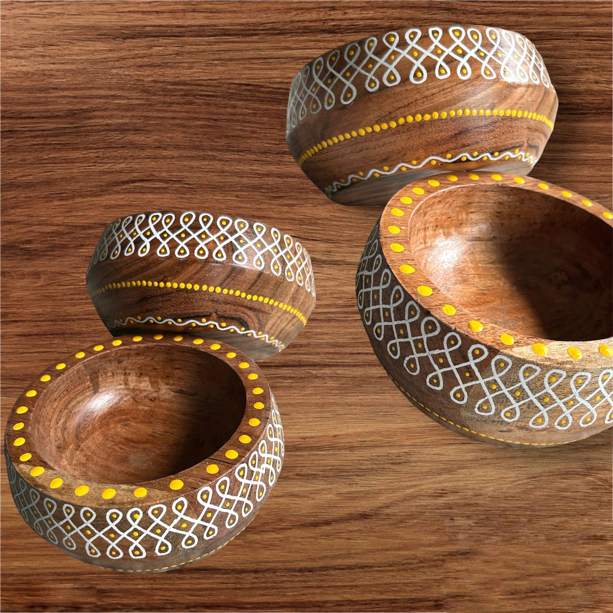 Set of 2 Kolam Art Wooden Bowl, Hand Painted Wooden Bowls, Handmade ...