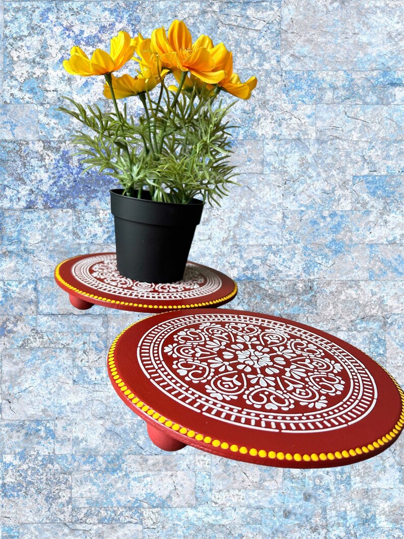 Rangoli Painted Wooden Puja Stool (set of 2) - Etsy