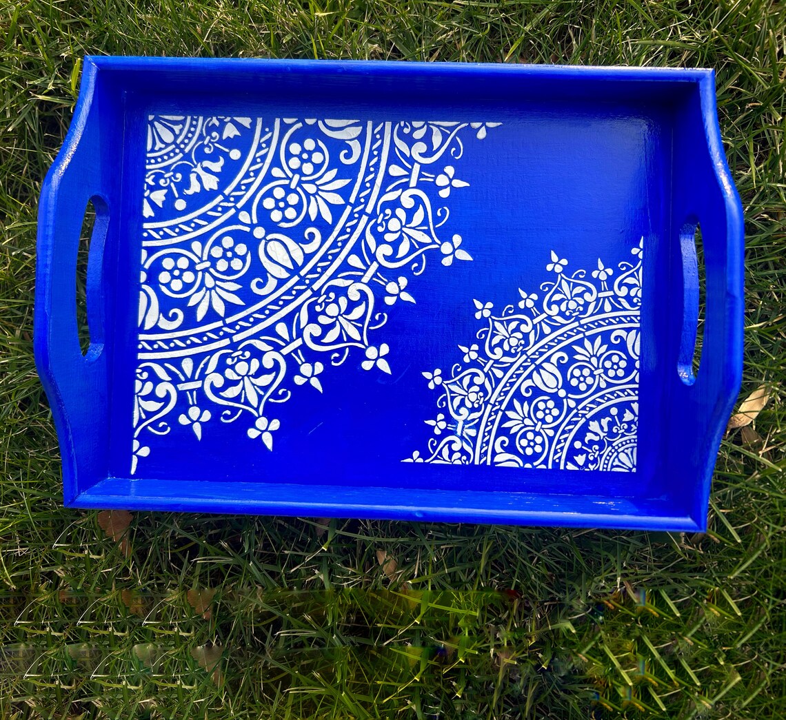Hand Painted Wooden Tray: Mehendi Mandala Design, Decorative Serving ...
